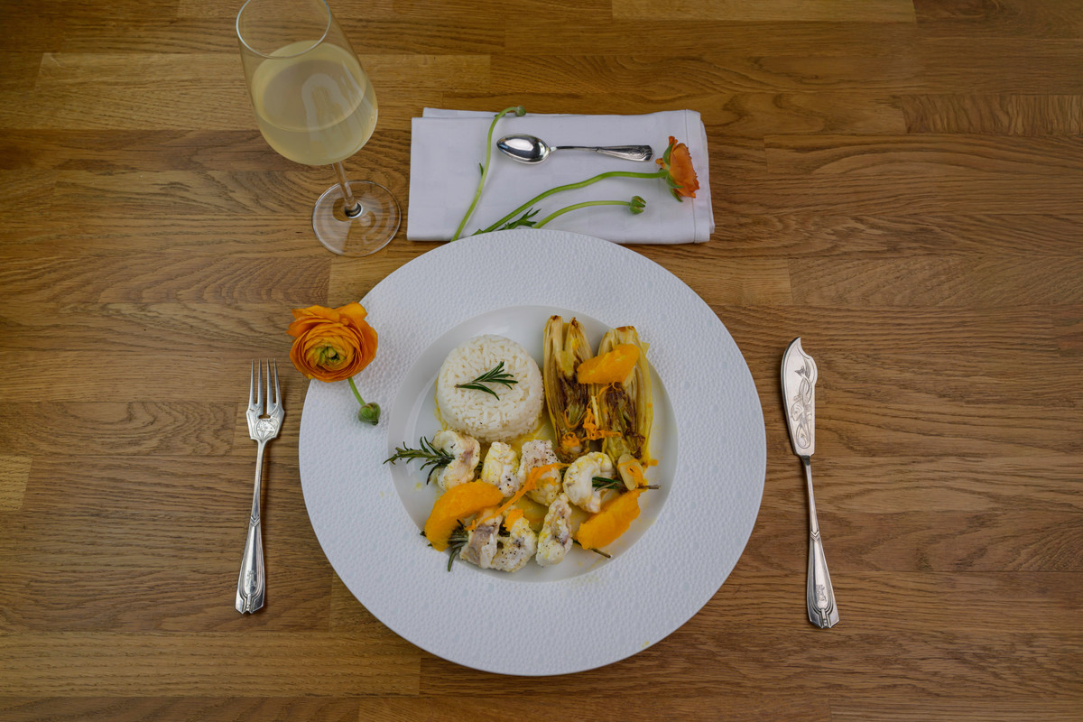 Monkfish brochettes with rosemary, orange and roasted chicory ...